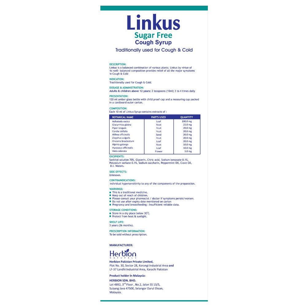 Linkus Sugar Free Cough Syrup 120ml